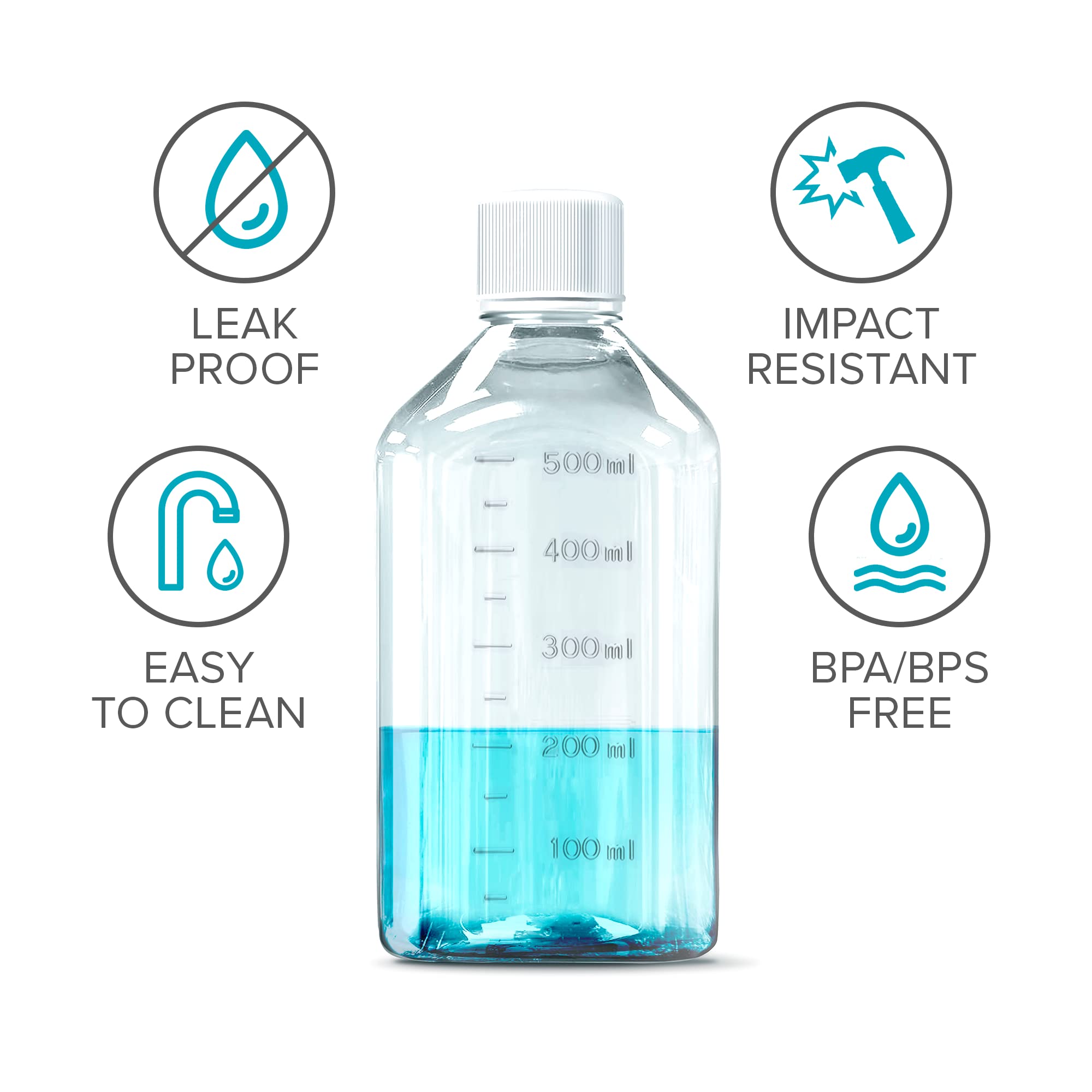Black Magic 3D 500 ml Plastic Reagent Bottle 4-Pack Laboratory Chemical Storage. Clear Graduated Square PET Plastic Leakproof Bottles.