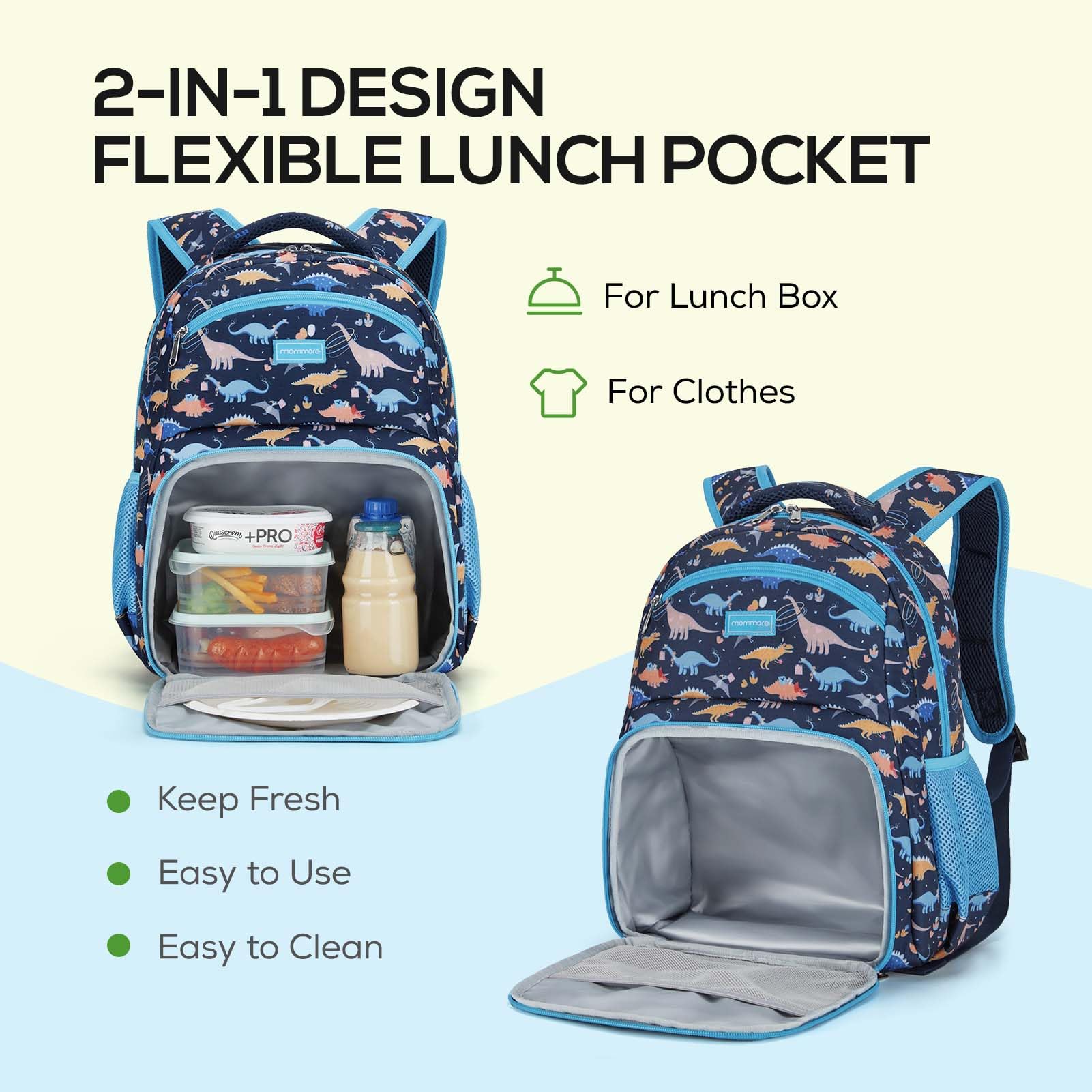 mommore 2-in-1 Kids Backpack, Insulated Lunch Compartment Dinosaur Toddler Backpack Kindergarten Preschool Bookbag for Boys, Lightweight Daycare Backpack with Chest Strap, Blue