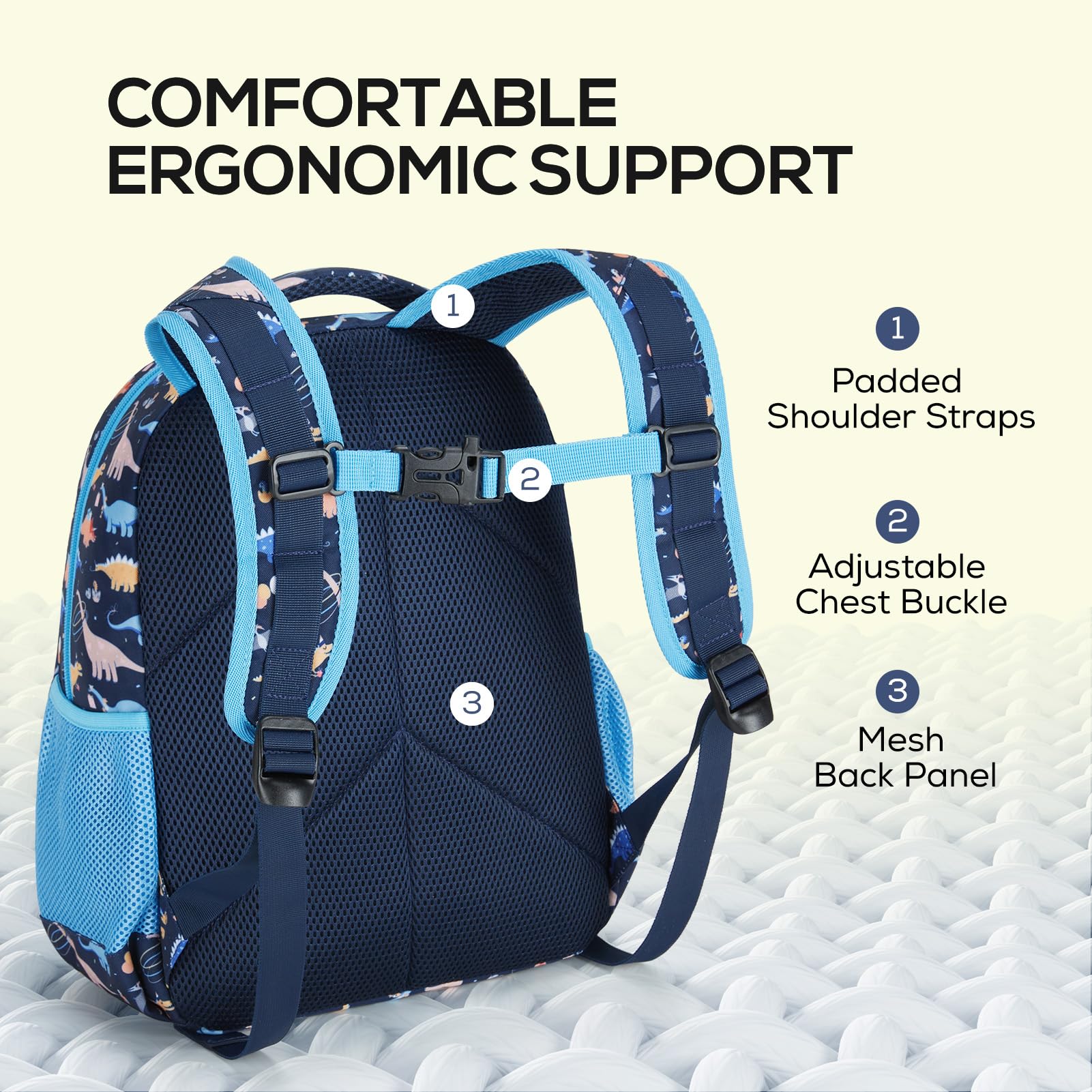 mommore 2-in-1 Kids Backpack, Insulated Lunch Compartment Dinosaur Toddler Backpack Kindergarten Preschool Bookbag for Boys, Lightweight Daycare Backpack with Chest Strap, Blue
