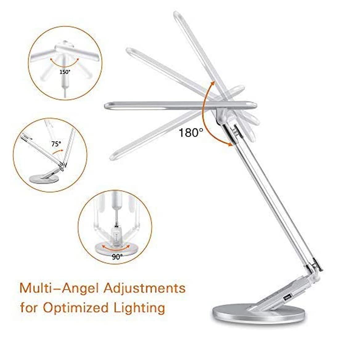 LED Desk Lamp,JUKSTG Eye-Caring Table Lamp 7 Brightness Levels 4 Lighting Modes Home Office Lamps,Desk Light with USB Charging Port,Blue Light Filter,Touch Control,14W Adjustable Reading Lamps,Silver