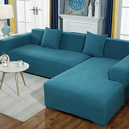TVPFM Velvet Plush L Shape Sofa Cover L Shape Sectional Couch Cover,1 2 3 4 5 Seater Stretch Sofa Slipcover for Pets Dogs Furniture Protector with Elastic Bottom-Lake Blue 4 Seater 235-30