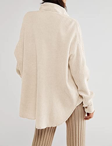 Freyhem Women's Oversized Waffle Knit Shacket One Scout Jacket Boyfriend Button Down Long Dolman Sleeve Shirts(Beige-L)