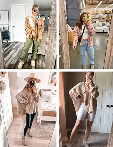 Freyhem Women's Oversized Waffle Knit Shacket One Scout Jacket Boyfriend Button Down Long Dolman Sleeve Shirts(Beige-L)
