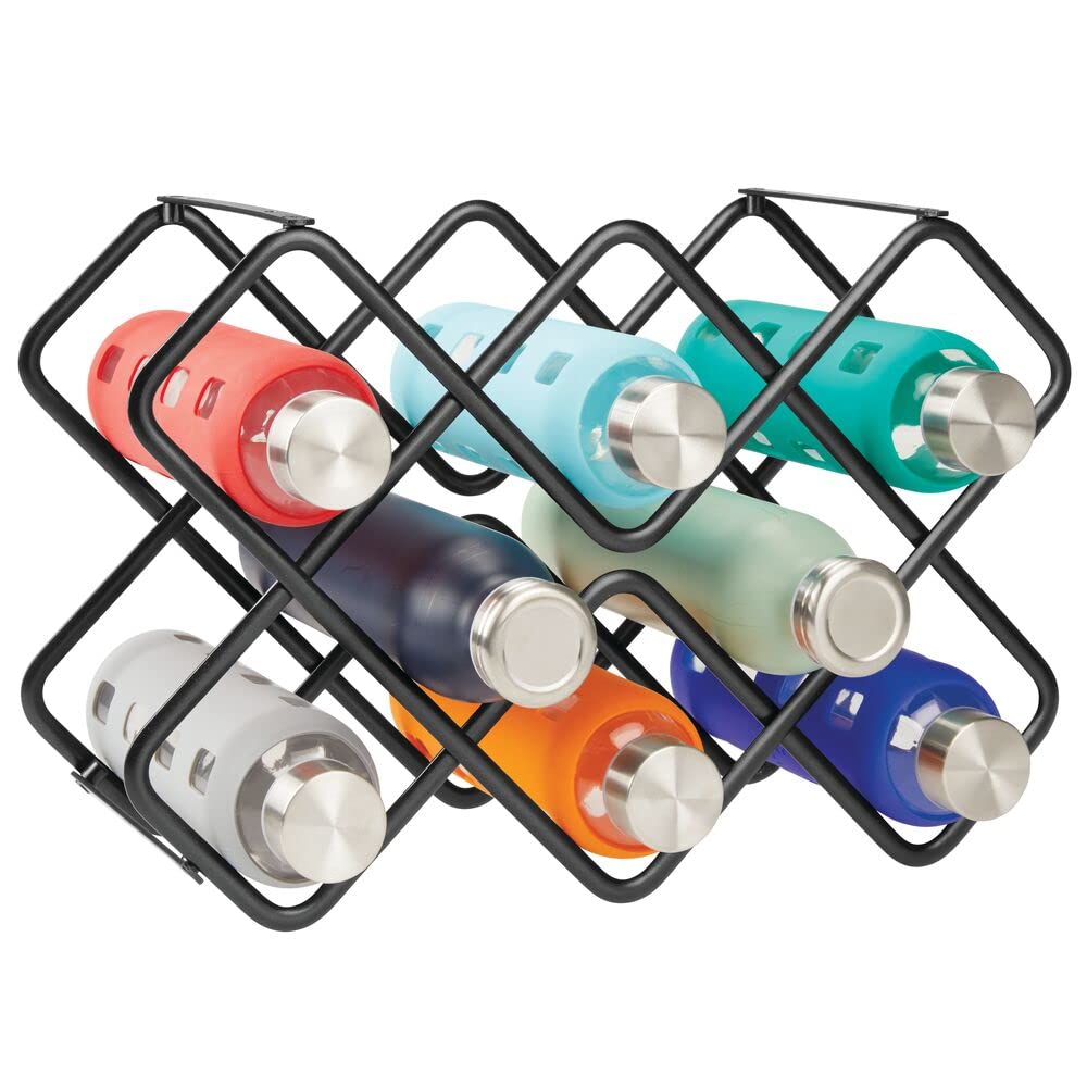 mDesign Metal Free-Standing Wine Rack Storage Organizer for Kitchen Countertops, Pantry, Fridge - Stores Wine, Beer, Pop/Soda, Water Bottles - 3 Levels, Holds 8 Bottles - Black
