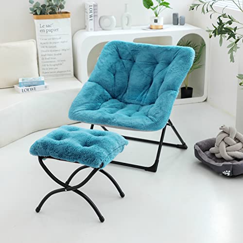 WELL-STRONG Folding Living Room Chair with Ottoman - Faux Fur Foldable Bedroom Chair and Foot Rest Set with Metal Frame Lounge Chair and Foot Stool Set for Men, Women Blue