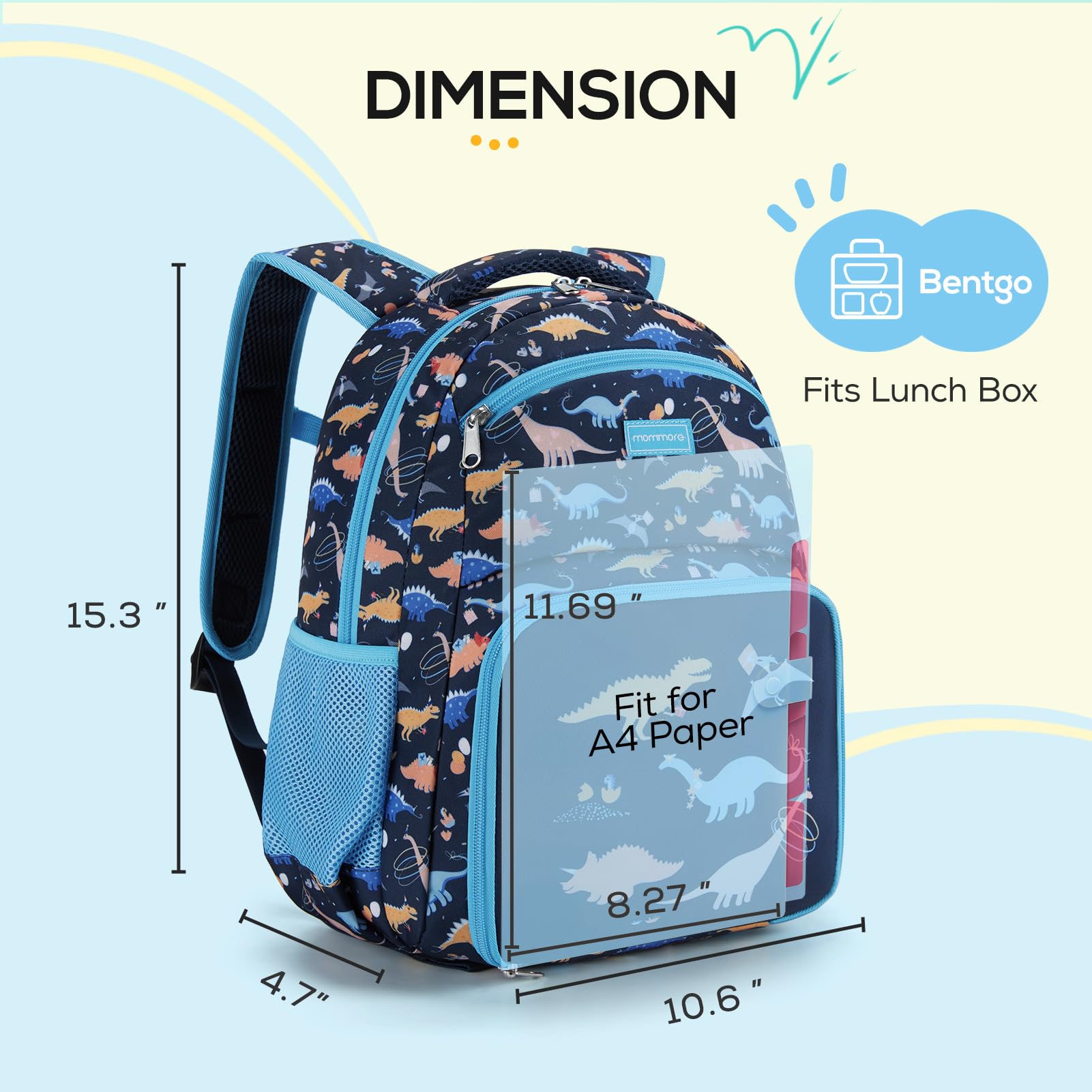 mommore 2-in-1 Kids Backpack, Insulated Lunch Compartment Dinosaur Toddler Backpack Kindergarten Preschool Bookbag for Boys, Lightweight Daycare Backpack with Chest Strap, Blue