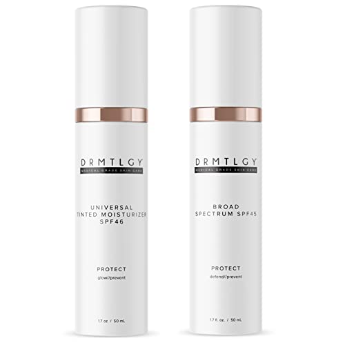 DRMTLGY Universal Tinted Moisturizer with SPF 46 & Anti Aging Clear Face Sunscreen Set - Universal Tinted SPF & Facial Sunscreen 2 Pack - Broad Spectrum Protection Against UVA and UVB Rays