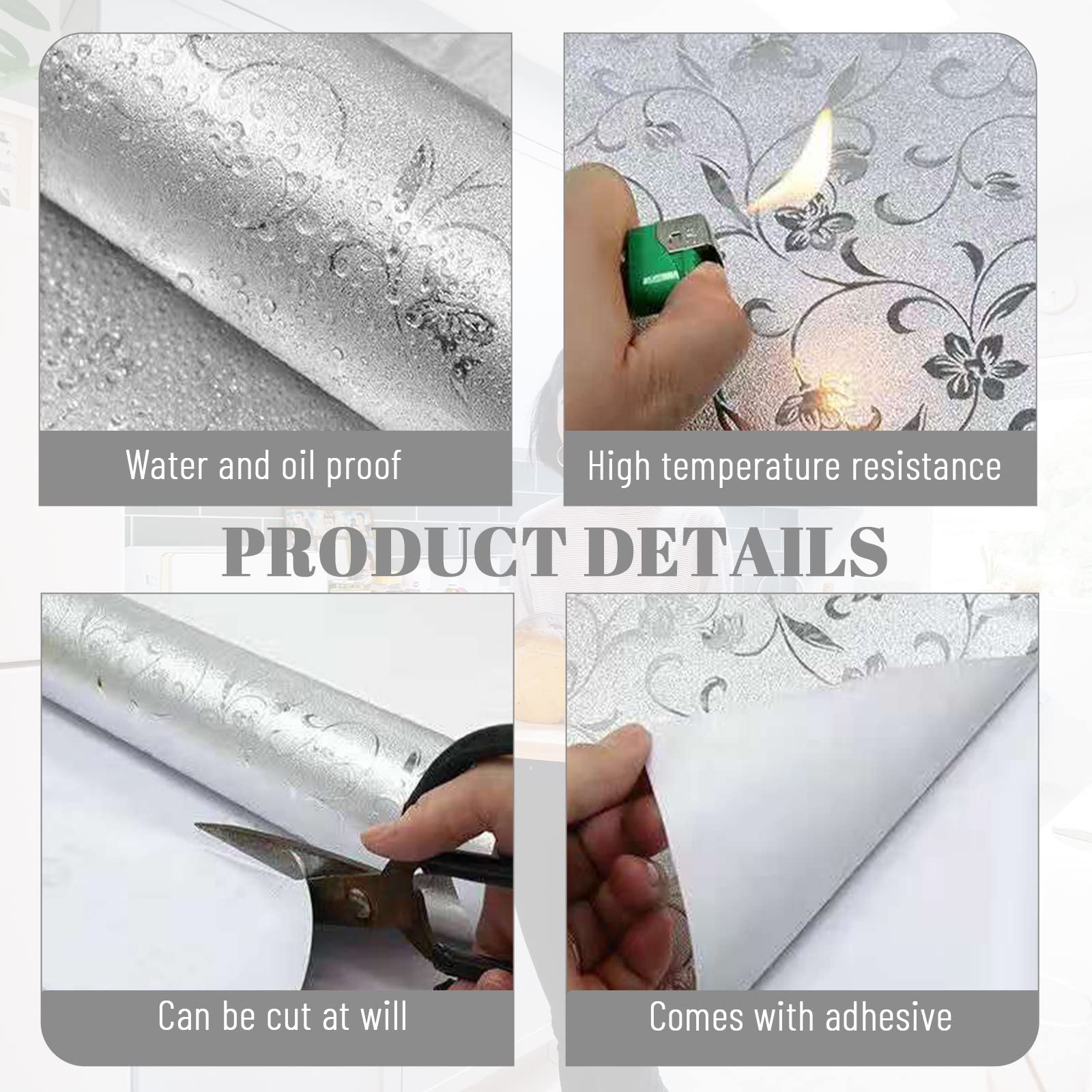 Oil Proof Kitchen Backsplash Wallpaper 15.7x196.8in/0.4x5m, Aluminum Foil Contact Paper, Peel and Stick Backsplash for Countertop, Kitchen Wall Sticker for Shelf (Silver)