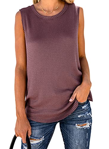 Dokotoo Womens Ladies Basic Solid Summer Casual Round Neck Waffle Knit Ribbed Loose Fit Long Tunic Tank Tops Sleeveless Shirts Cami Tops Blouses Tees Vest Wine Large