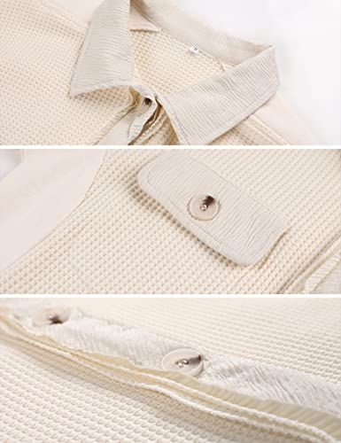 Freyhem Women's Oversized Waffle Knit Shacket One Scout Jacket Boyfriend Button Down Long Dolman Sleeve Shirts(Beige-L)
