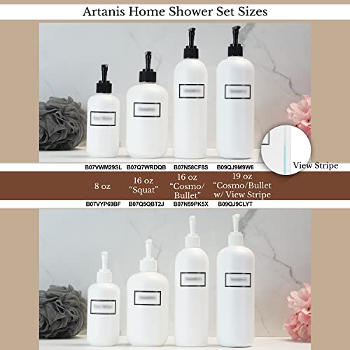 Artanis Home Silkscreened Empty Small HDPE Plastic Shower Bottle Set for Shampoo, Conditioner, and Body Wash, 8 oz 3-Pack, White (Black Pumps)