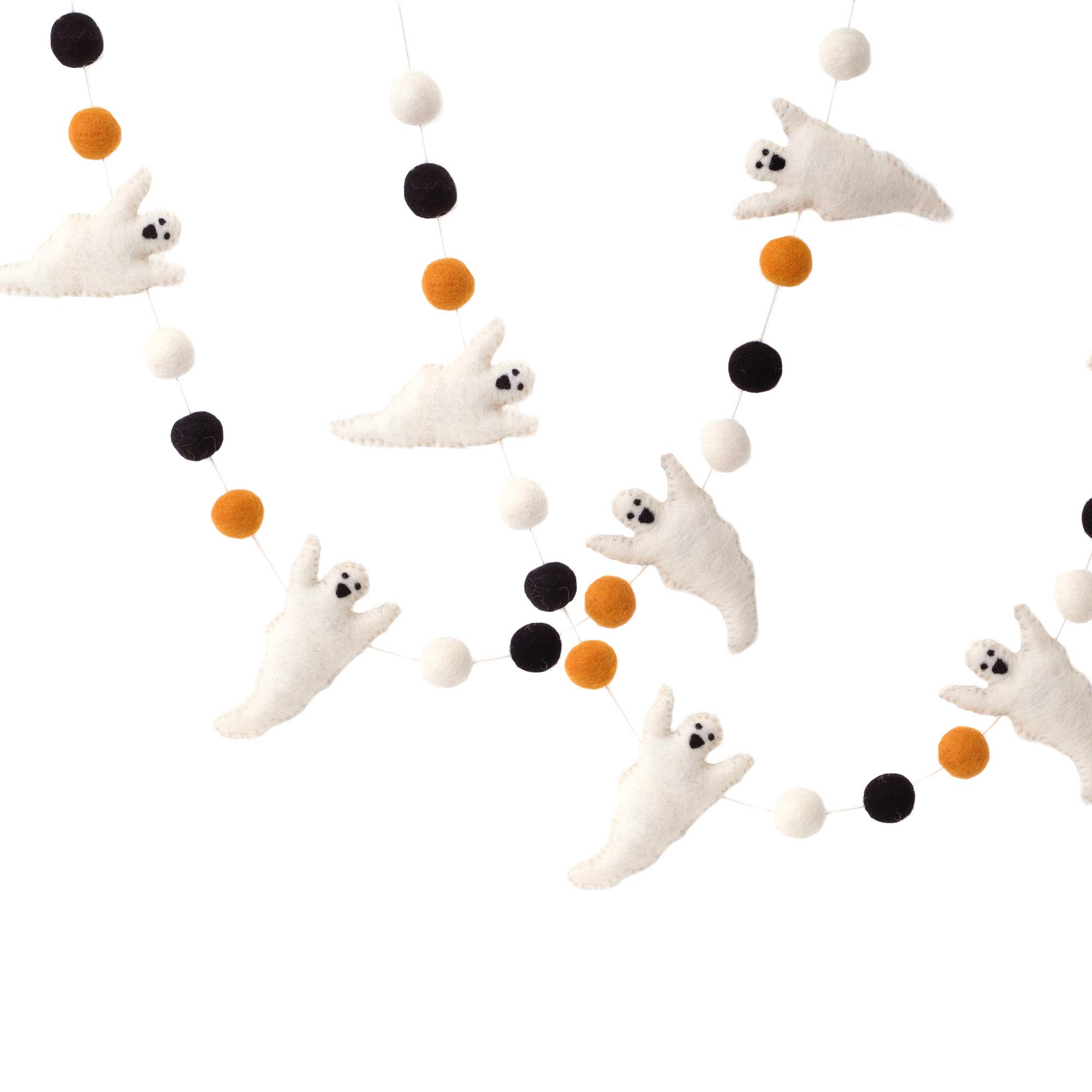 Glaciart One Felt Balls + Ghosts Garland - Easy to Hang Halloween Party Banner Decoration - 100% New Zealand Wool, Hand-Felted in Nepal - 5' Long, 15 White Orange & Black Pom Poms, 4 Ghost Ornaments