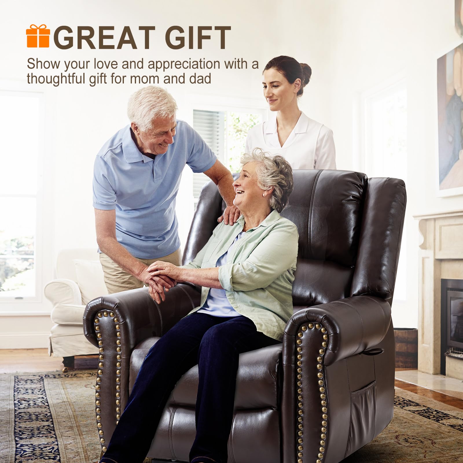 CDCASA Dual Motor Lay Flat Lift Chairs Recliners for Elderly with Massage and Heat, Breathable Leather Infinite Position Large Sleeping Electric Power Lift Chair Recliner for Seniors, Brown