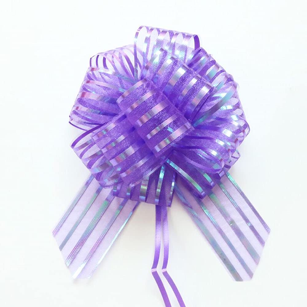 GUZON 12 Pieces Purple Pull Bow Large Organza Wrapping Pull Bow with Ribbon for Wedding Gift Baskets, 6 Inches Diameter