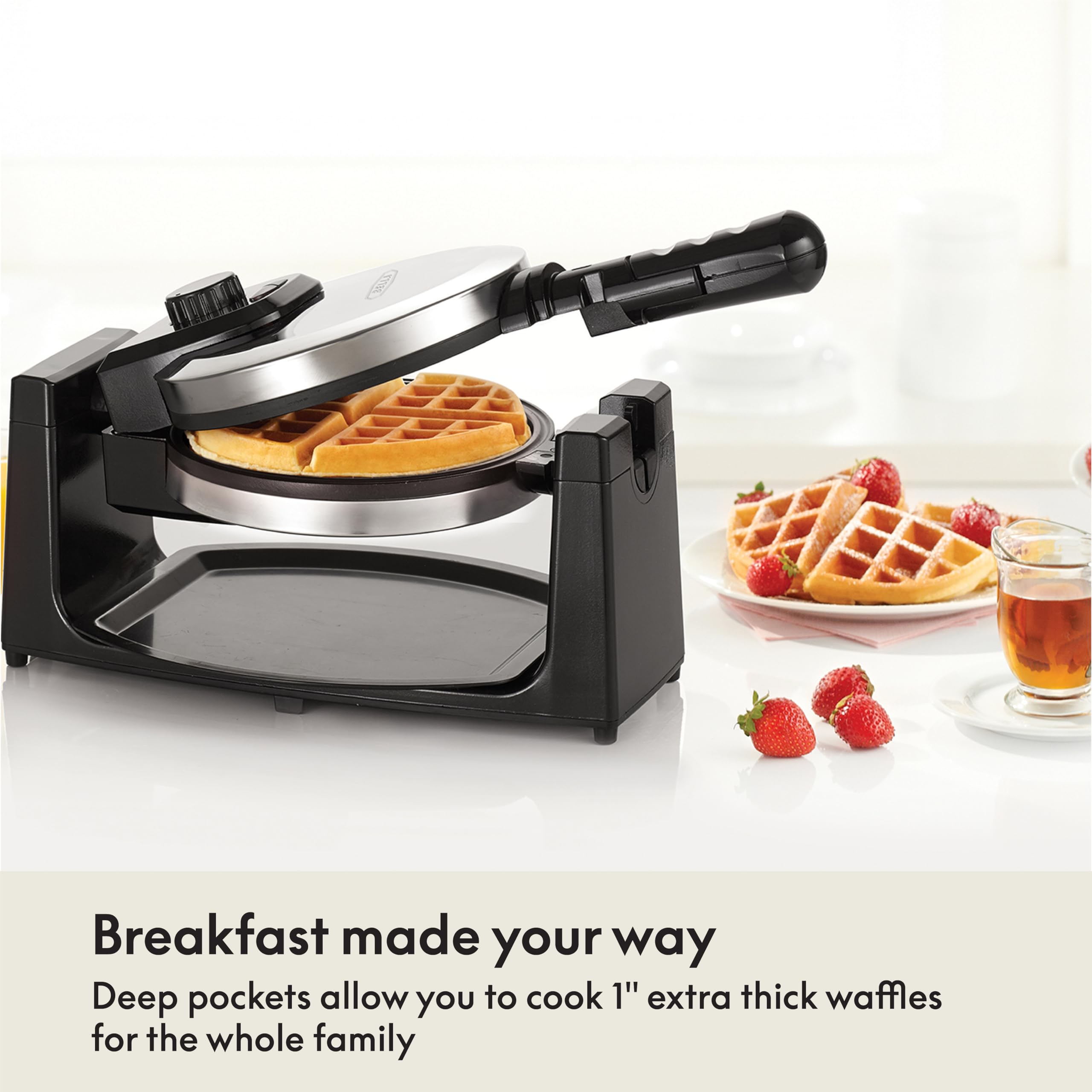 BELLA Classic Rotating Non-Stick Belgian Waffle Maker, Perfect 1" Thick Waffles, PFOA Free Non Stick Coating & Removeable Drip Tray for Easy Clean Up, Browning Control, Stainless Steel