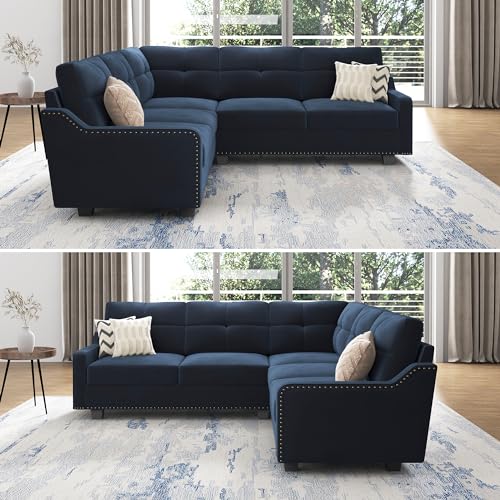 HONBAY Convertible Sectional Sofa L Shaped Couch for Small Apartment Reversible Sectional Couch for Living Room,Velvet Dark Blue