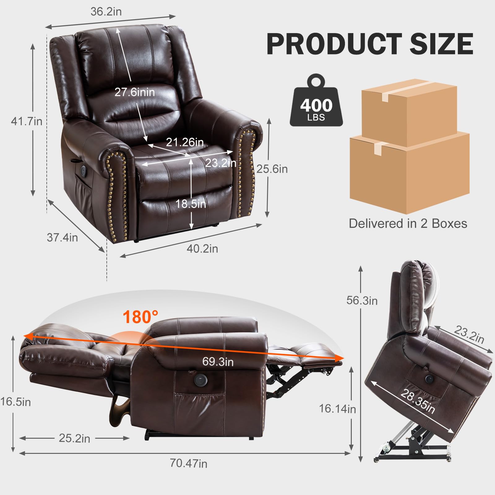 CDCASA Dual Motor Lay Flat Lift Chairs Recliners for Elderly with Massage and Heat, Breathable Leather Infinite Position Large Sleeping Electric Power Lift Chair Recliner for Seniors, Brown