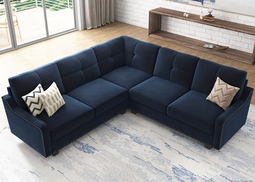 HONBAY Convertible Sectional Sofa L Shaped Couch for Small Apartment Reversible Sectional Couch for Living Room,Velvet Dark Blue