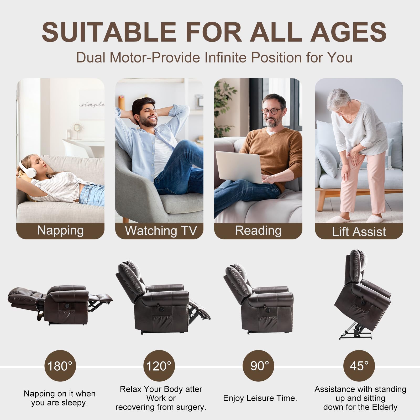 CDCASA Dual Motor Lay Flat Lift Chairs Recliners for Elderly with Massage and Heat, Breathable Leather Infinite Position Large Sleeping Electric Power Lift Chair Recliner for Seniors, Brown