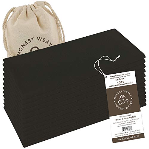 HONEST WEAVE GOTS Certified Organic Cotton Washable Cloth Napkins Sets for Everyday Dining, Dinner Parties, Weddings | Oversized 20x20 inches, Fully Hemmed, in Designer Colors, 12-Pack, Black