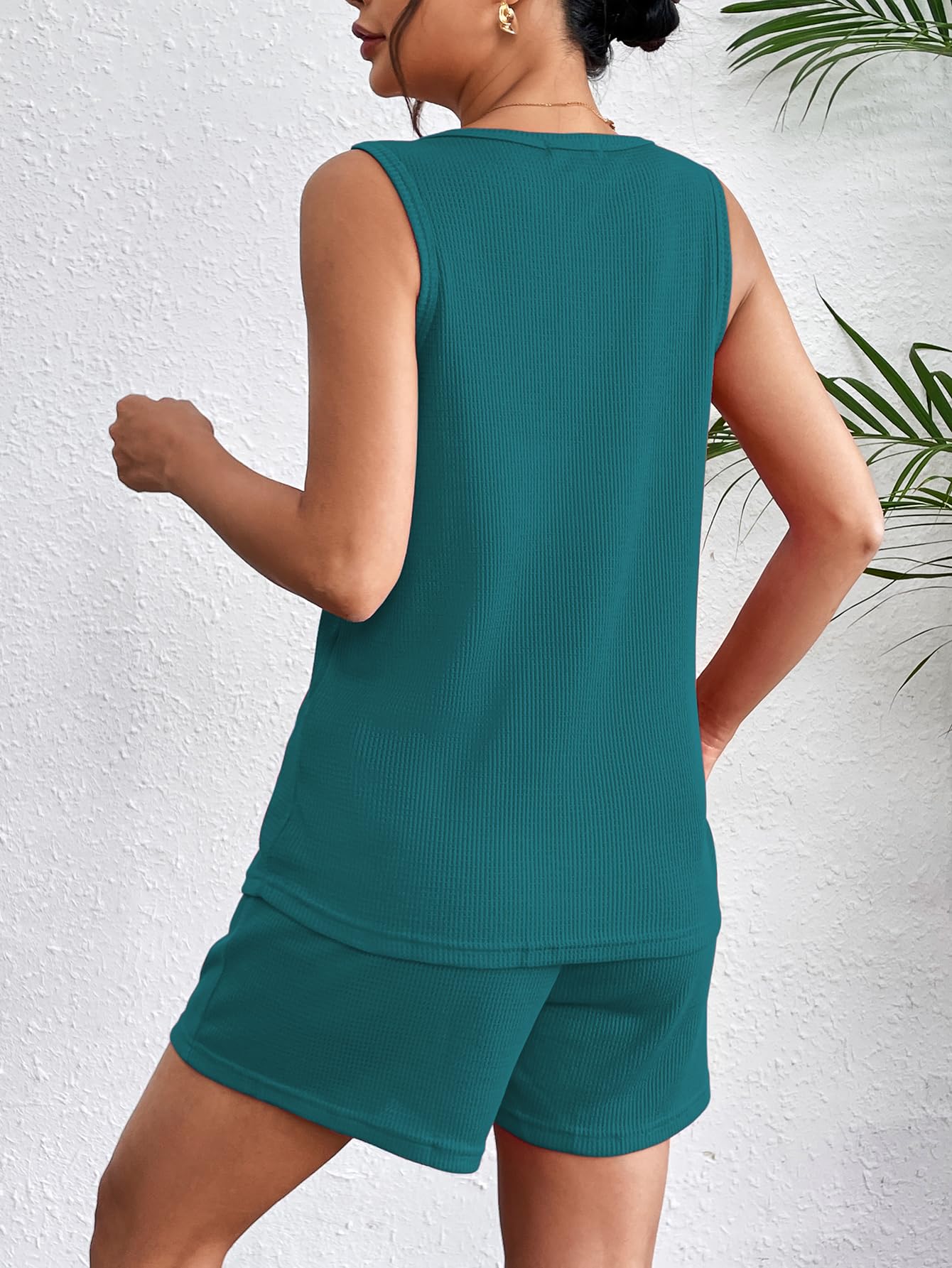 Ekouaer Pajamas Tank Top and Shorts Lounge Sets Waffle Knit V Neck Pj Short Sets Casual Outfits for Women Dark turquoise Medium