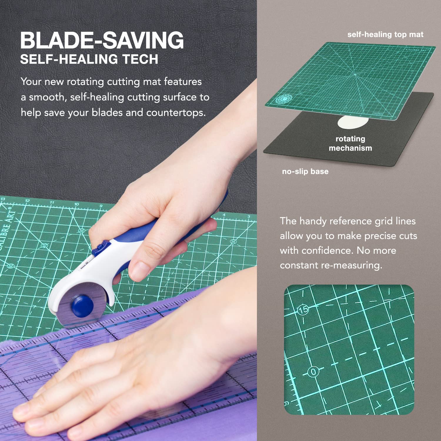Calibre Art Self Healing Rotating Cutting Mat 18x18 (17" Grid), Perfect for Quilting & Art Projects
