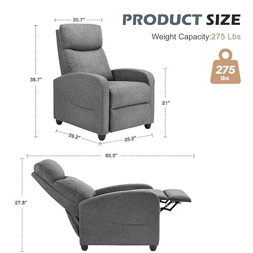 SMUG Recliner Chair Massage Reclining for Adults, Comfortable Fabric Recliner Adjustable Home Theater Seating Lounge with Padded Seat Backrest, Small Recliners for Living Room, Bedroom (Deep Grey)