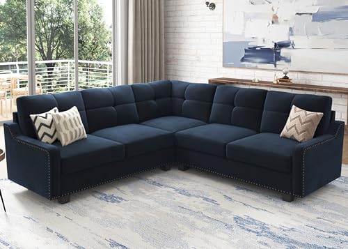 HONBAY Convertible Sectional Sofa L Shaped Couch for Small Apartment Reversible Sectional Couch for Living Room,Velvet Dark Blue