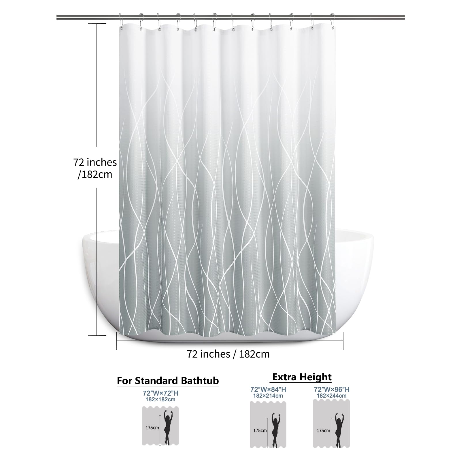 Naturoom Light Grey Fabric Shower Curtain Set Heavy Duty Waffle Weave Textured Bath Curtain, Modern Ombre Shower Curtains for Bathroom, Hotel Restroom Bath Decor Sliver Gray 72 x 72