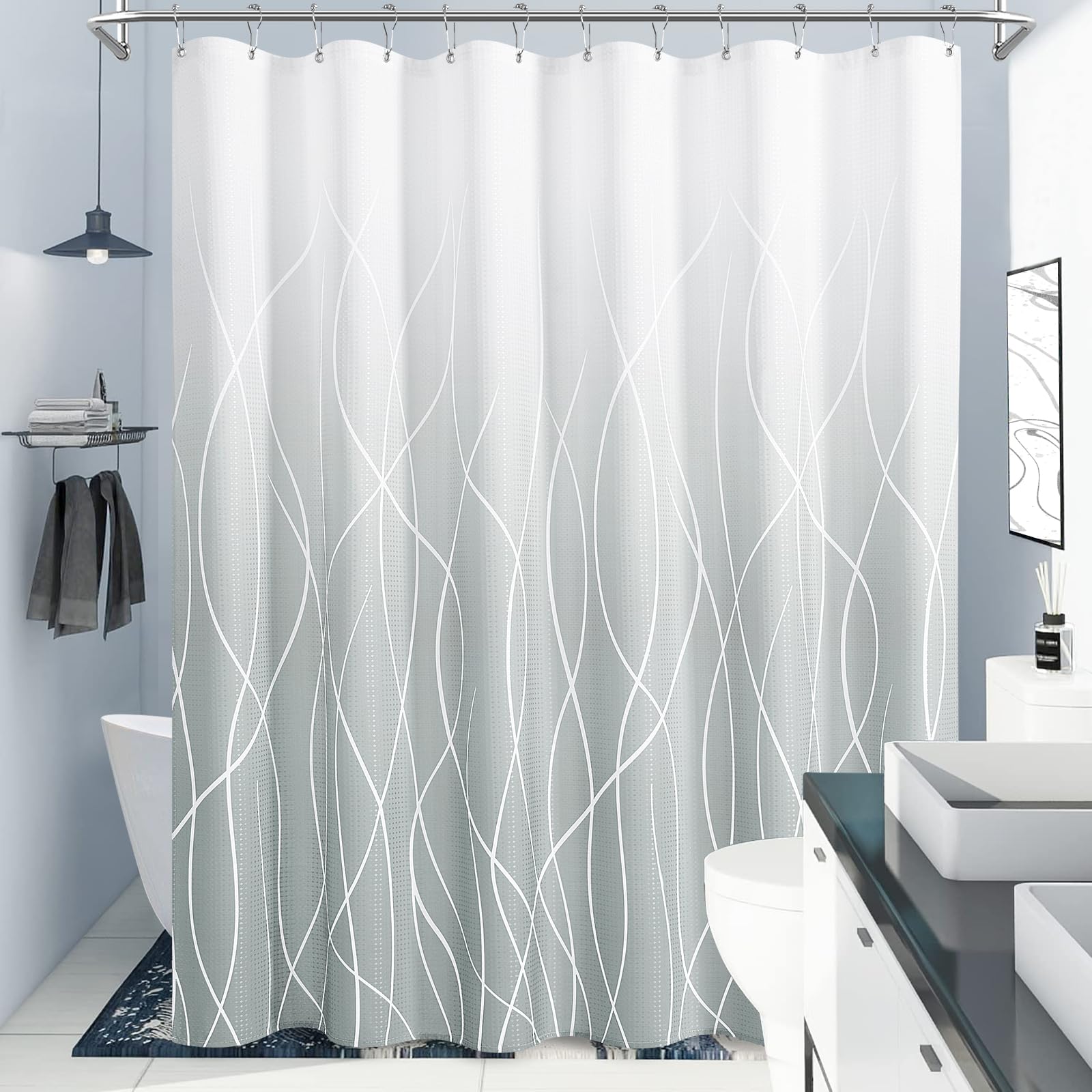 Naturoom Light Grey Fabric Shower Curtain Set Heavy Duty Waffle Weave Textured Bath Curtain, Modern Ombre Shower Curtains for Bathroom, Hotel Restroom Bath Decor Sliver Gray 72 x 72
