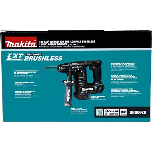 Makita XRH06ZB 18V LXT Lithium-Ion Sub-Compact Brushless Cordless 11/16" Rotary Hammer, Accepts Sds-Plus Bits, Tool Only