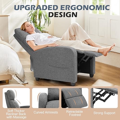 SMUG Recliner Chair Massage Reclining for Adults, Comfortable Fabric Recliner Adjustable Home Theater Seating Lounge with Padded Seat Backrest, Small Recliners for Living Room, Bedroom (Deep Grey)