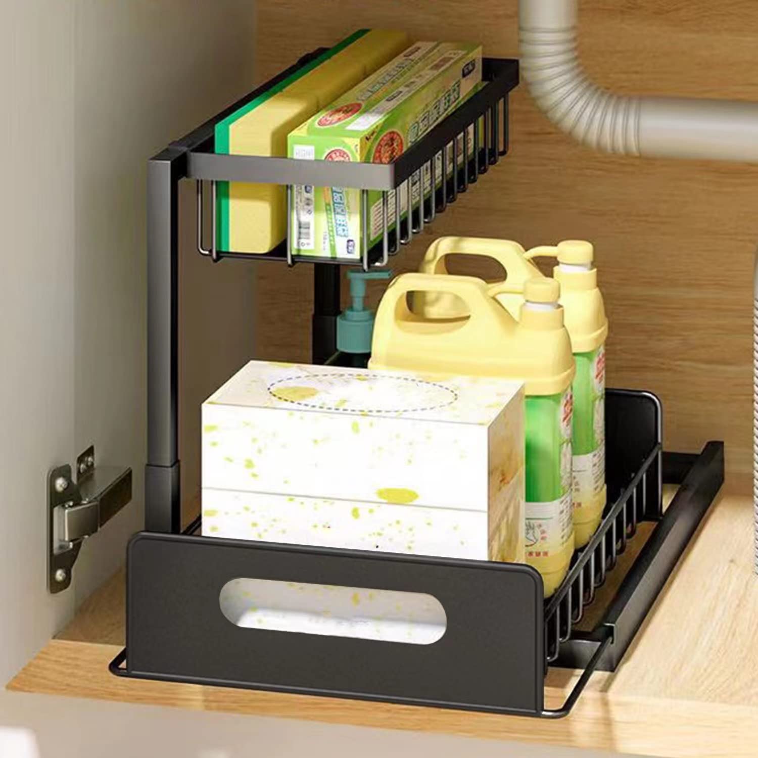 Under Sink Cabinet Organizer 2 Tier Pull Out Cabinet Organizer Cabinet Storage Shelf Multi-purpose Storage Shelf for Bathroom Kitchen (Black)