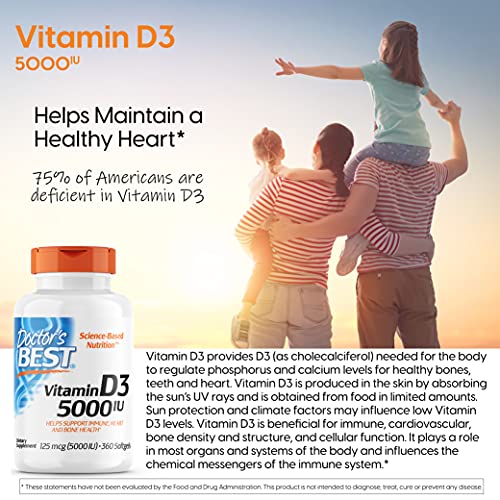 Doctor's Best Vitamin D3 5,000 IU for Healthy Bones, Teeth, Heart and Immune Support, Non-GMO, Gluten-Free, Soy Free, 360 Count (Pack of 1)