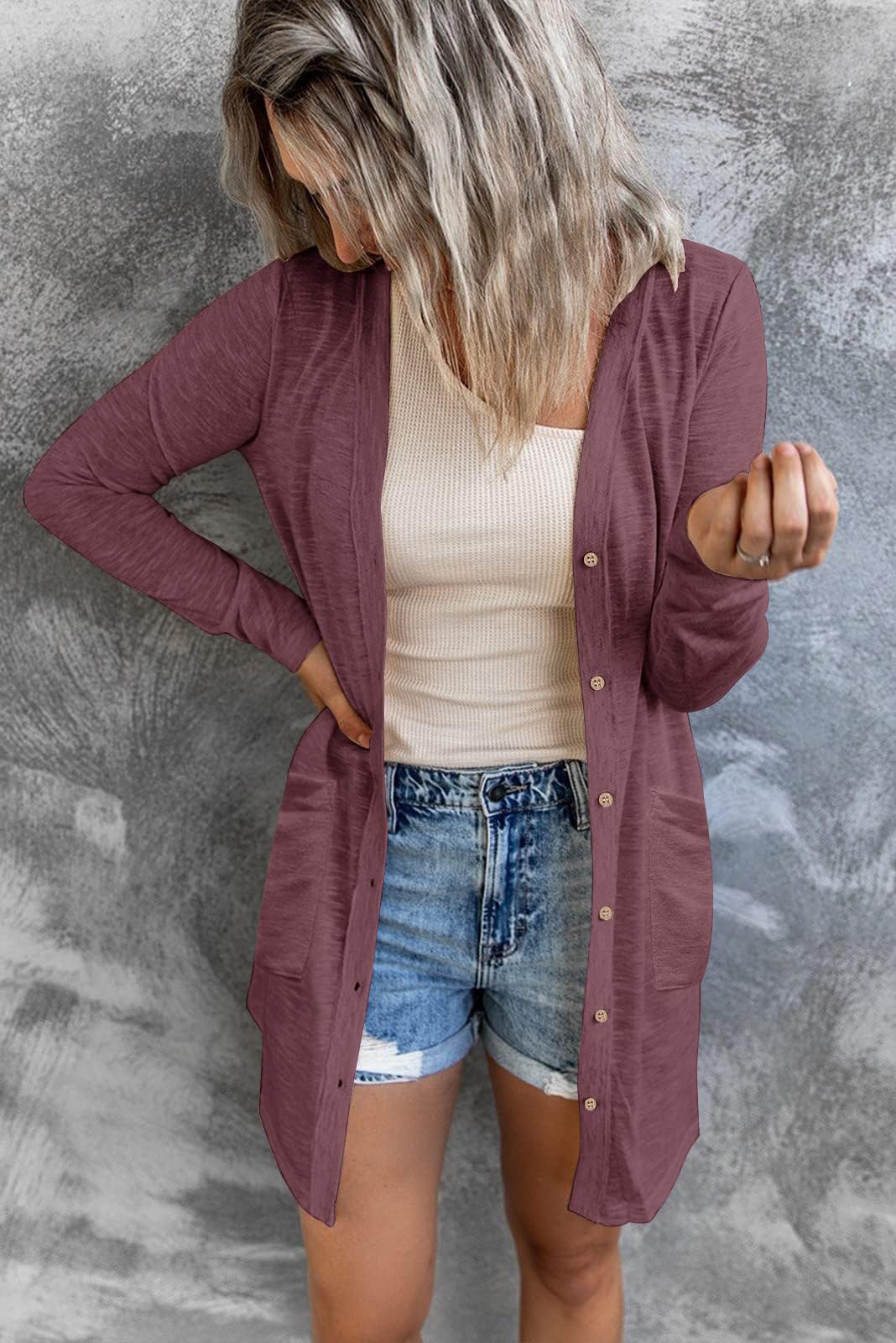 MEROKEETY Women's Open Front Lightweight Cardigan Long Sleeve Button Down Loose Outwear, Maroon, S
