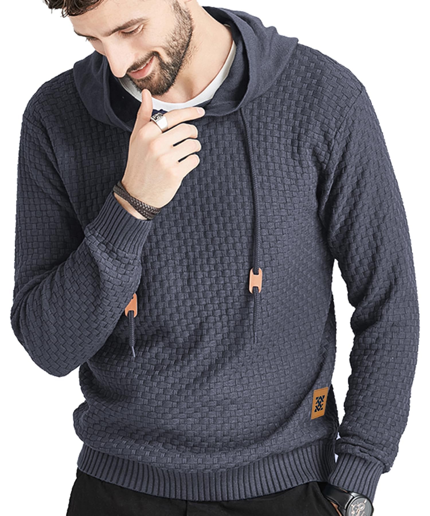 Zaitun Men's Drawstring Waffle Textured Hooded Pullover Sweater