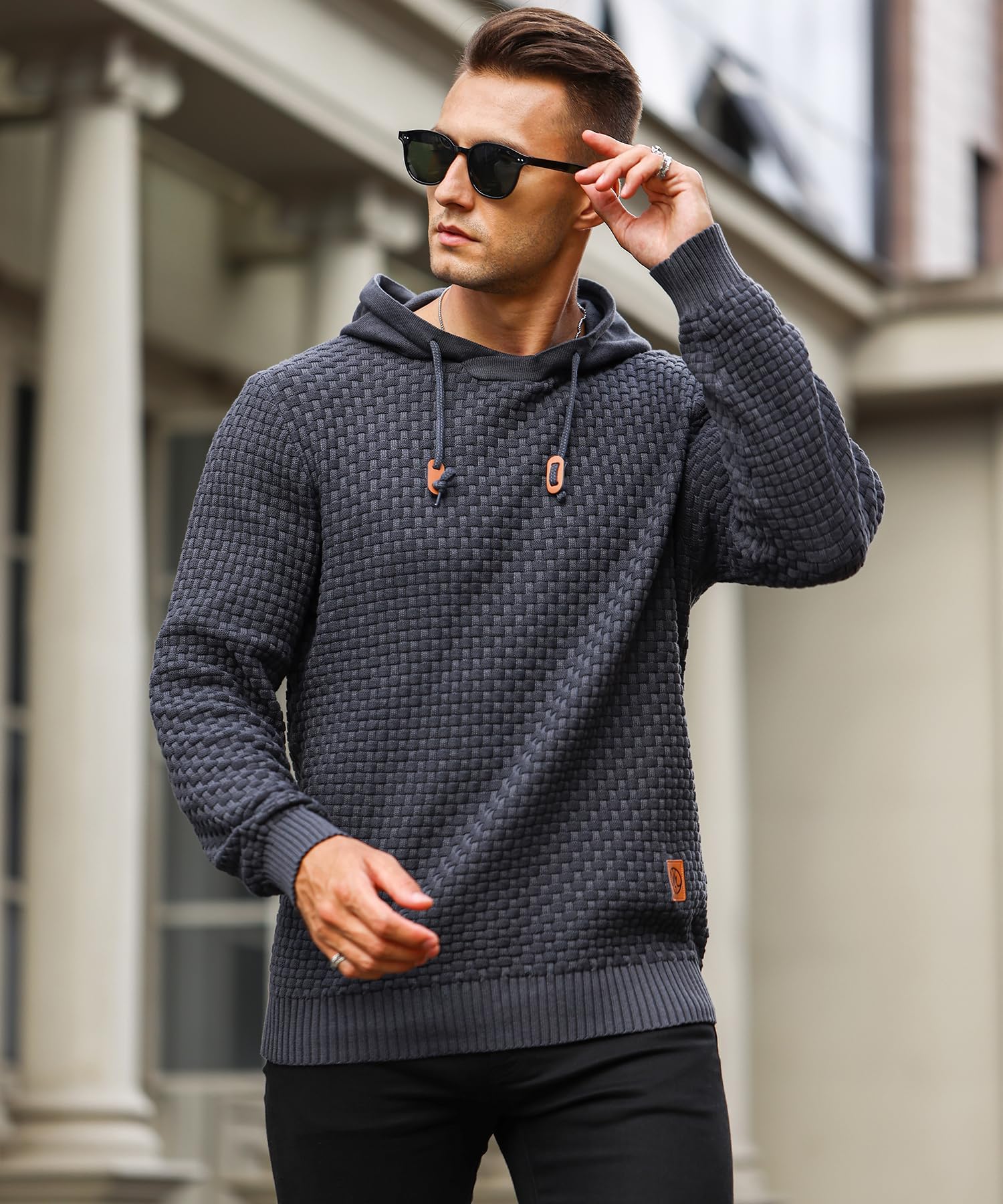 Zaitun Men's Drawstring Waffle Textured Hooded Pullover Sweater