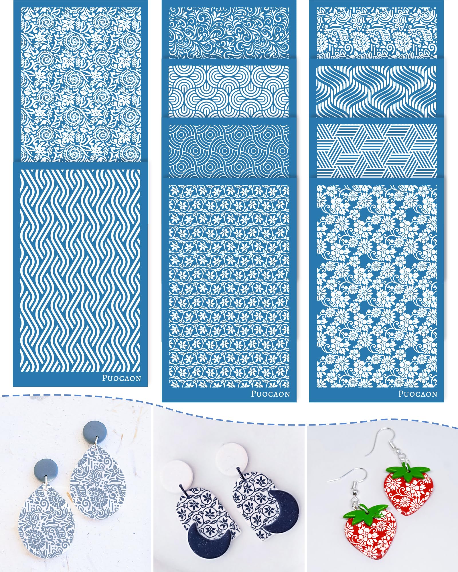 Puocaon Reusable Clay Silk Screen - 10 Pattern Silk Screen Stencils for Polymer Clay Jewelry Making, Boho Paisley Silk Screen Stencils for Polymer Clay, Vibral Geometric Silk Screens Floral Stencils