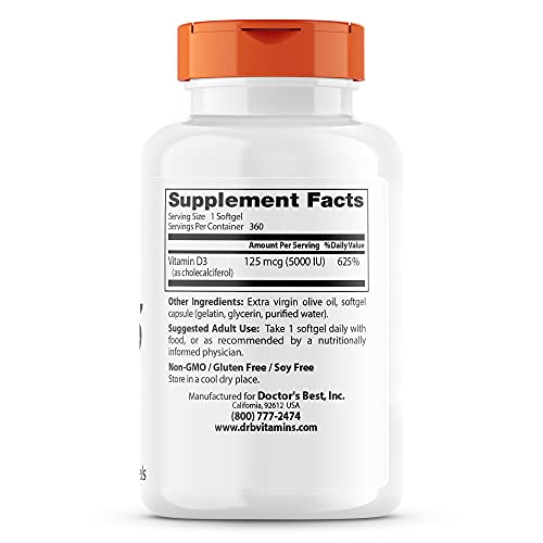 Doctor's Best Vitamin D3 5,000 IU for Healthy Bones, Teeth, Heart and Immune Support, Non-GMO, Gluten-Free, Soy Free, 360 Count (Pack of 1)