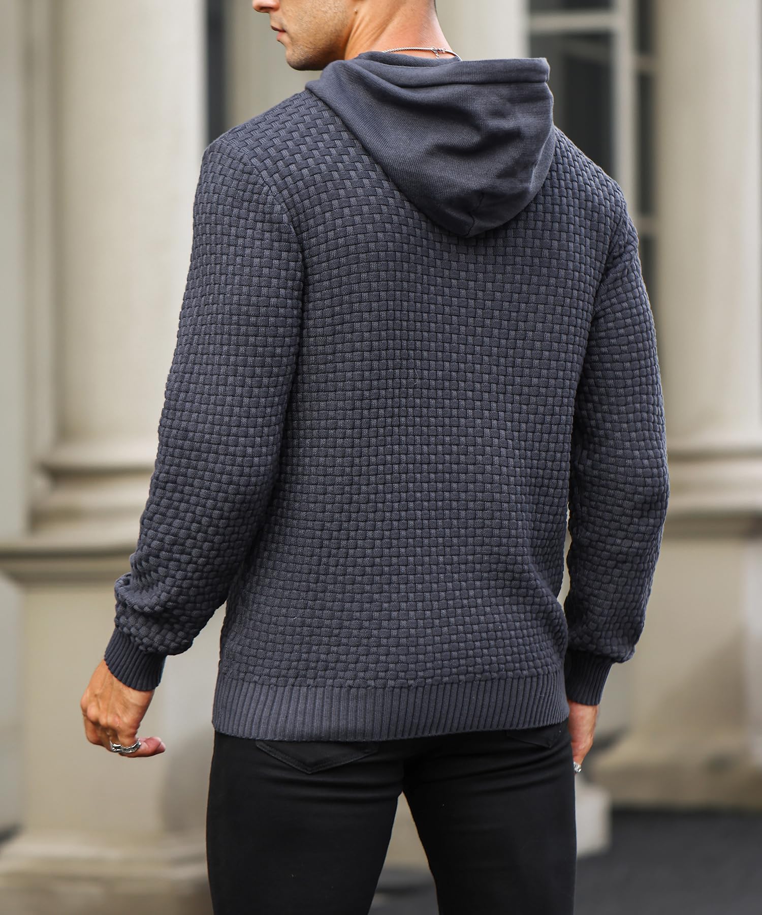 Zaitun Men's Drawstring Waffle Textured Hooded Pullover Sweater