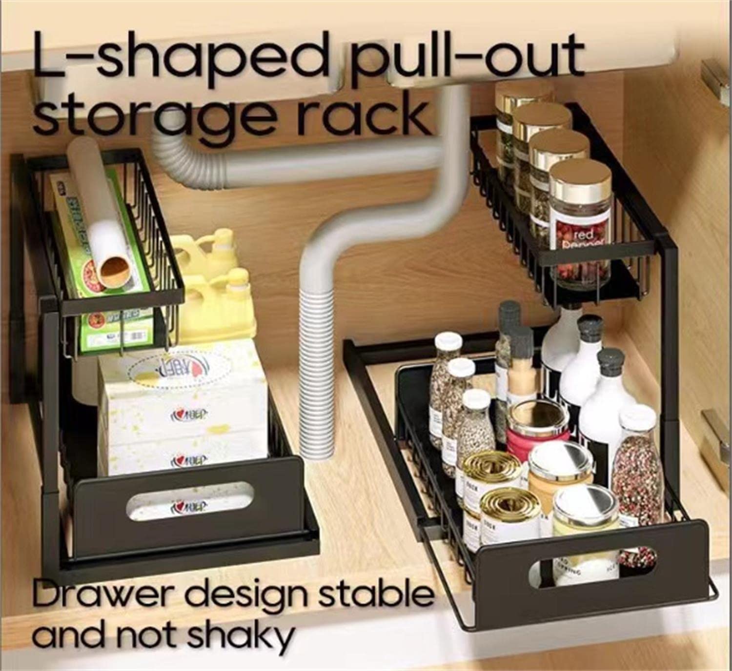 Under Sink Cabinet Organizer 2 Tier Pull Out Cabinet Organizer Cabinet Storage Shelf Multi-purpose Storage Shelf for Bathroom Kitchen (Black)