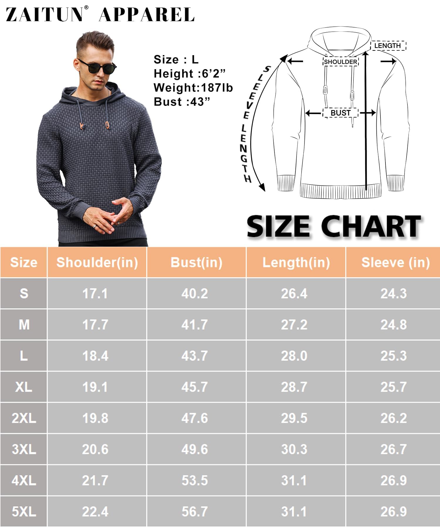 Zaitun Men's Drawstring Waffle Textured Hooded Pullover Sweater