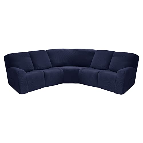 5-Seat Sectional Recliner Sofa Covers,4 Seater & 1 Corner Seat 5 Seater Stretch Recliner Couch Cover Slipcover for Reclining L Shape Recliner Corner Sofa,Soft,Washable Couch Covers,Navy Blue,Jacquard