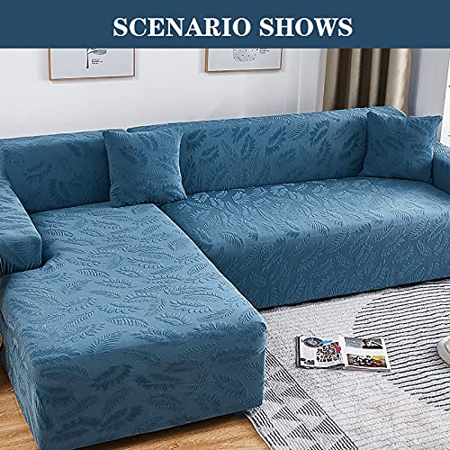 TVPFM Stretch Sofa Slipcover, Jacquard Sofa Cover Elastic Bottom Soft Furniture Protector for L-Shaped Sofa Cover for Pets Living Room-Blue-4 Seater
