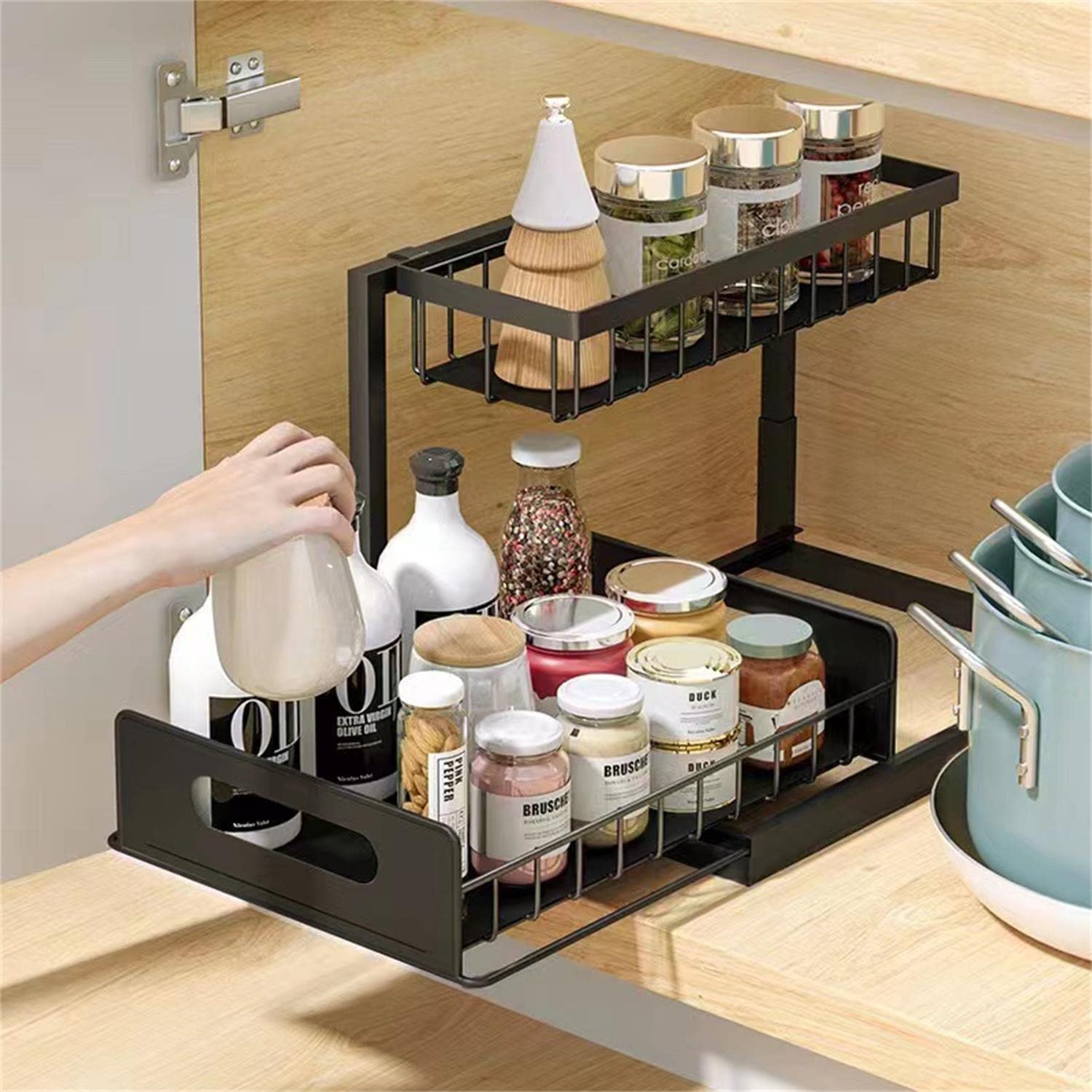 Under Sink Cabinet Organizer 2 Tier Pull Out Cabinet Organizer Cabinet Storage Shelf Multi-purpose Storage Shelf for Bathroom Kitchen (Black)