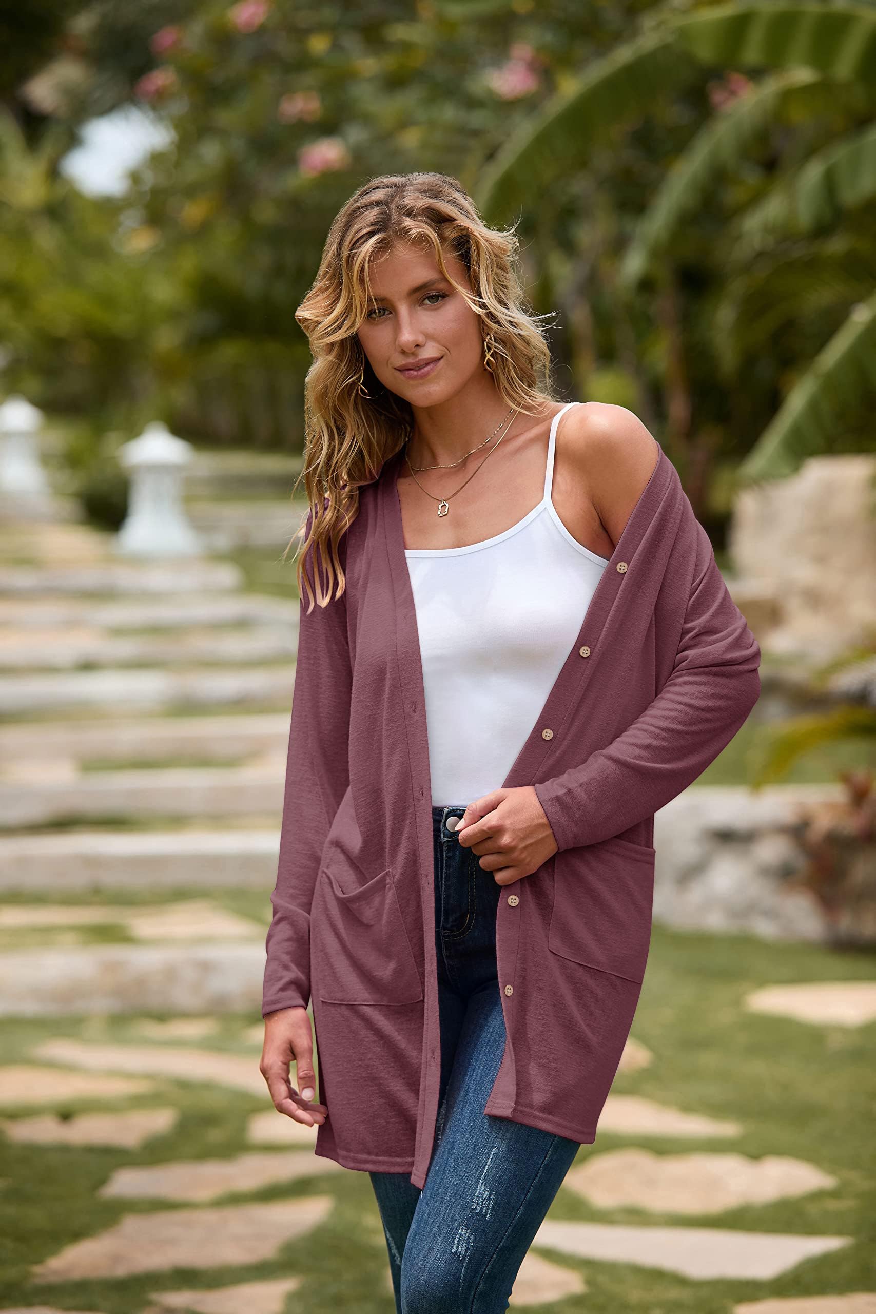 MEROKEETY Women's Open Front Lightweight Cardigan Long Sleeve Button Down Loose Outwear, Maroon, S