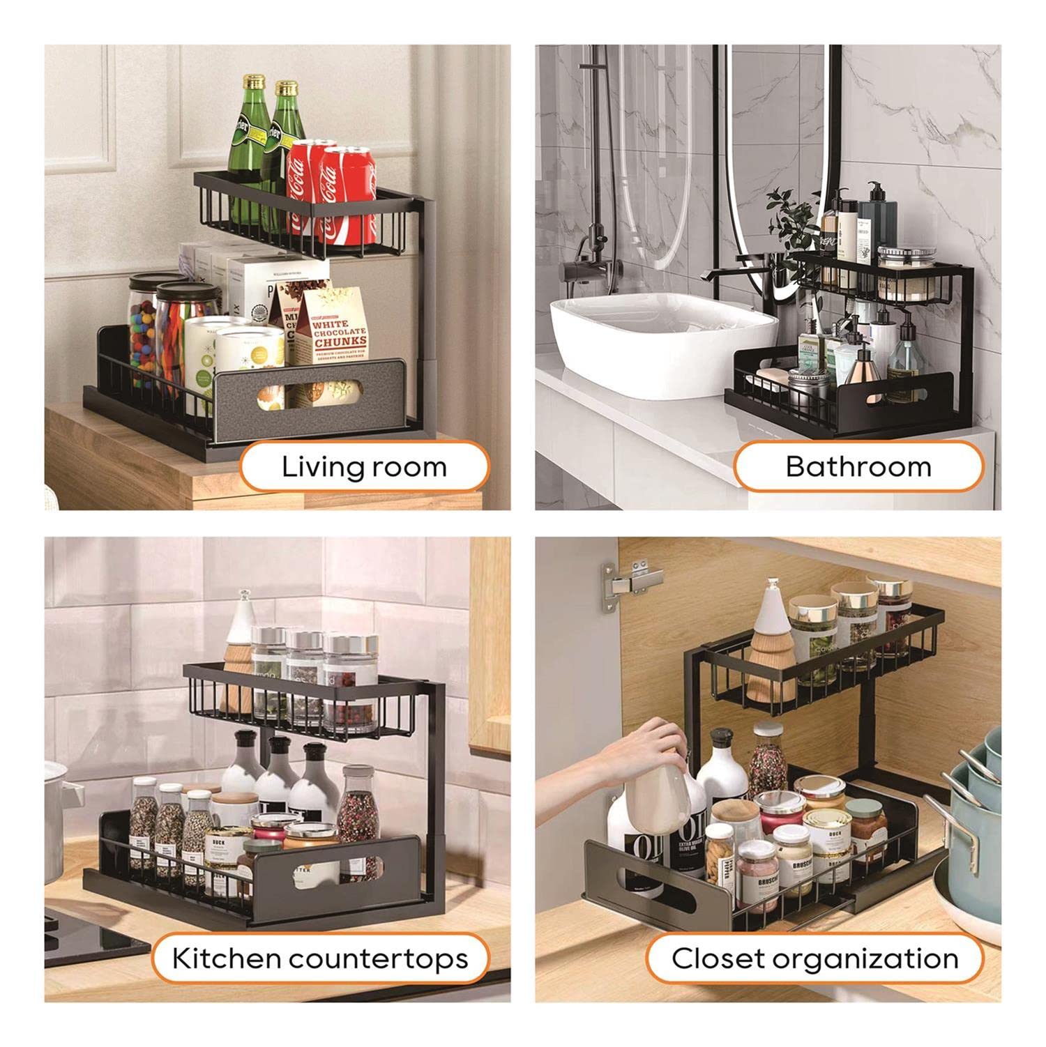 Under Sink Cabinet Organizer 2 Tier Pull Out Cabinet Organizer Cabinet Storage Shelf Multi-purpose Storage Shelf for Bathroom Kitchen (Black)
