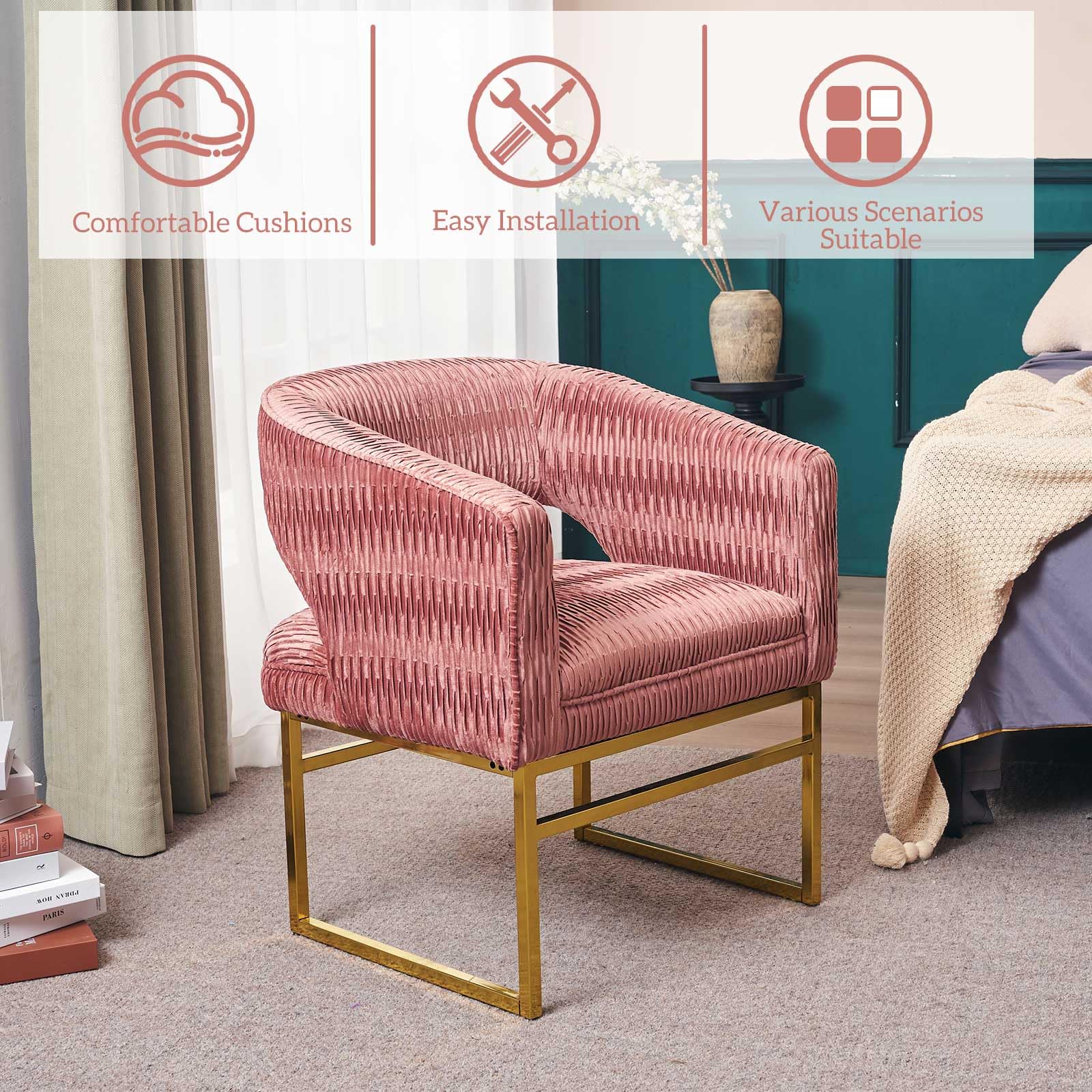 MOJAY Modern Accent Chair,Comfy Velvet Upholstered Hollow Backrest Barrel Chair Single Sofa Reading Chair with Golden Metal Base for Living Room Bedroom Vanity Room