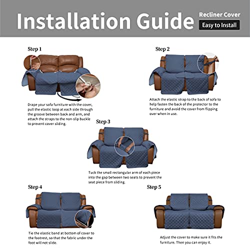 Easy-Going Recliner Sofa Cover, Reversible Couch Cover for Double Recliner, Split Sofa Cover for Each Seat, Furniture Protector with Elastic Strap for Kids, Dogs, Pets(2 Seater, Dark Blue/Light Blue)