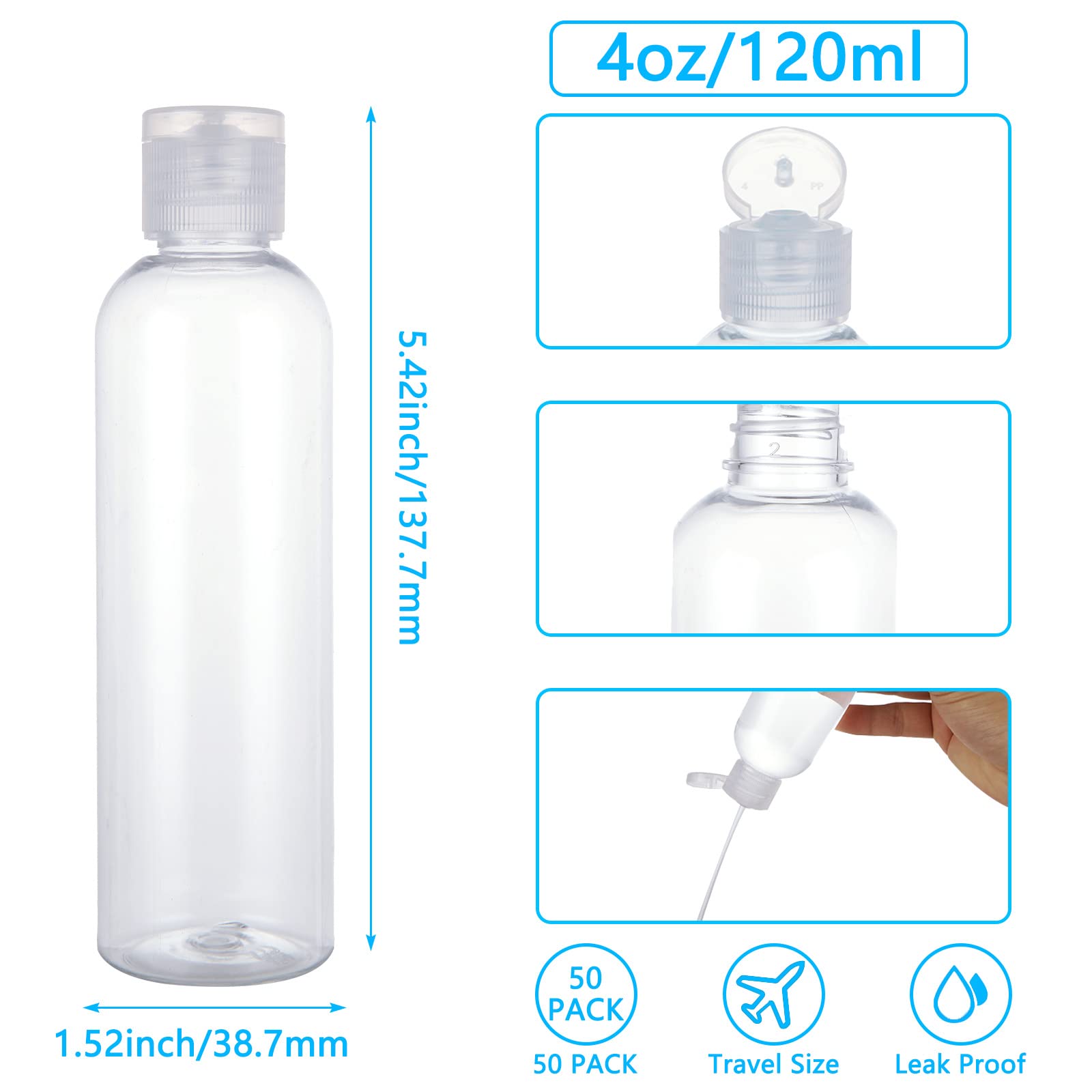 Acrux7 50 Pack 4 oz Plastic Squeeze Bottles with Flip Caps, Clear Refillable Lotion Bottles, Leak Proof Squirt Bottles, Empty Travel Squeeze Bottles for Lotions, Toiletries, Shampoo, Liquid, Creams
